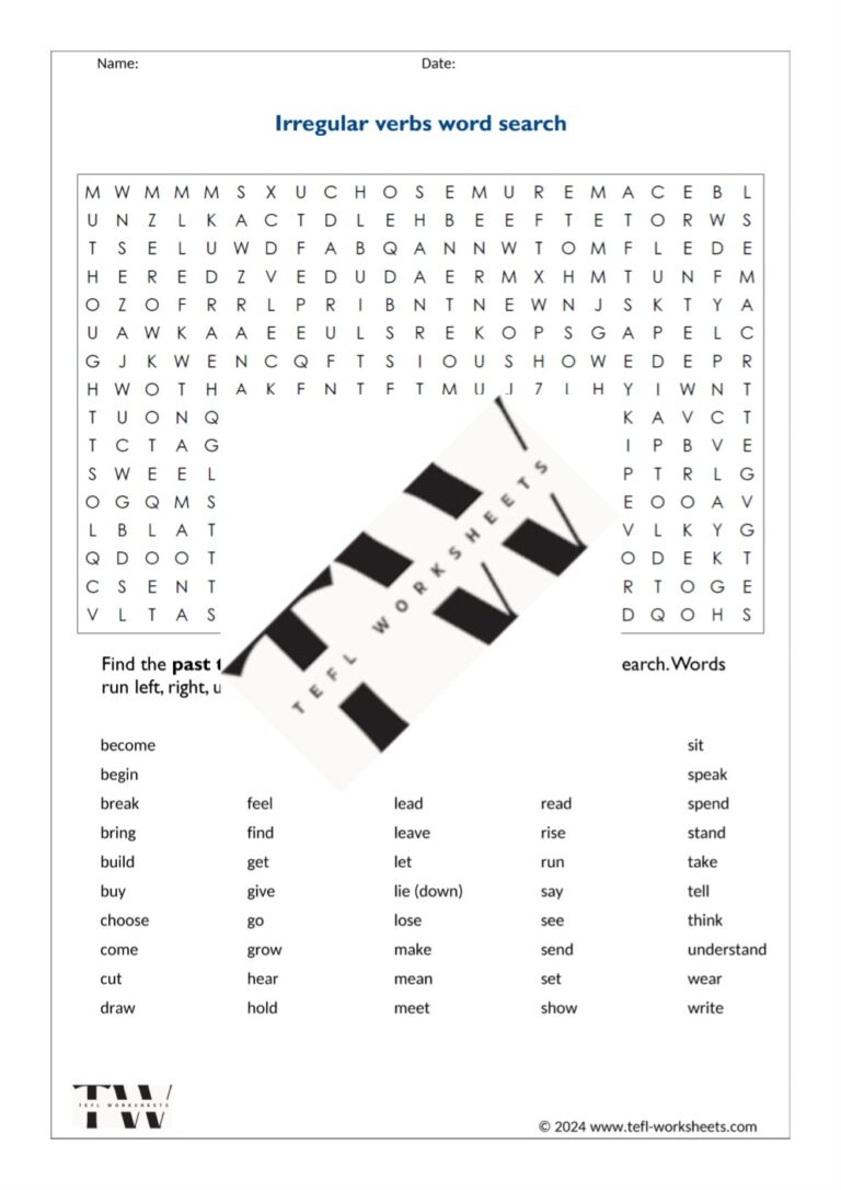 irregular verbs word search - tefl-worksheets.com
