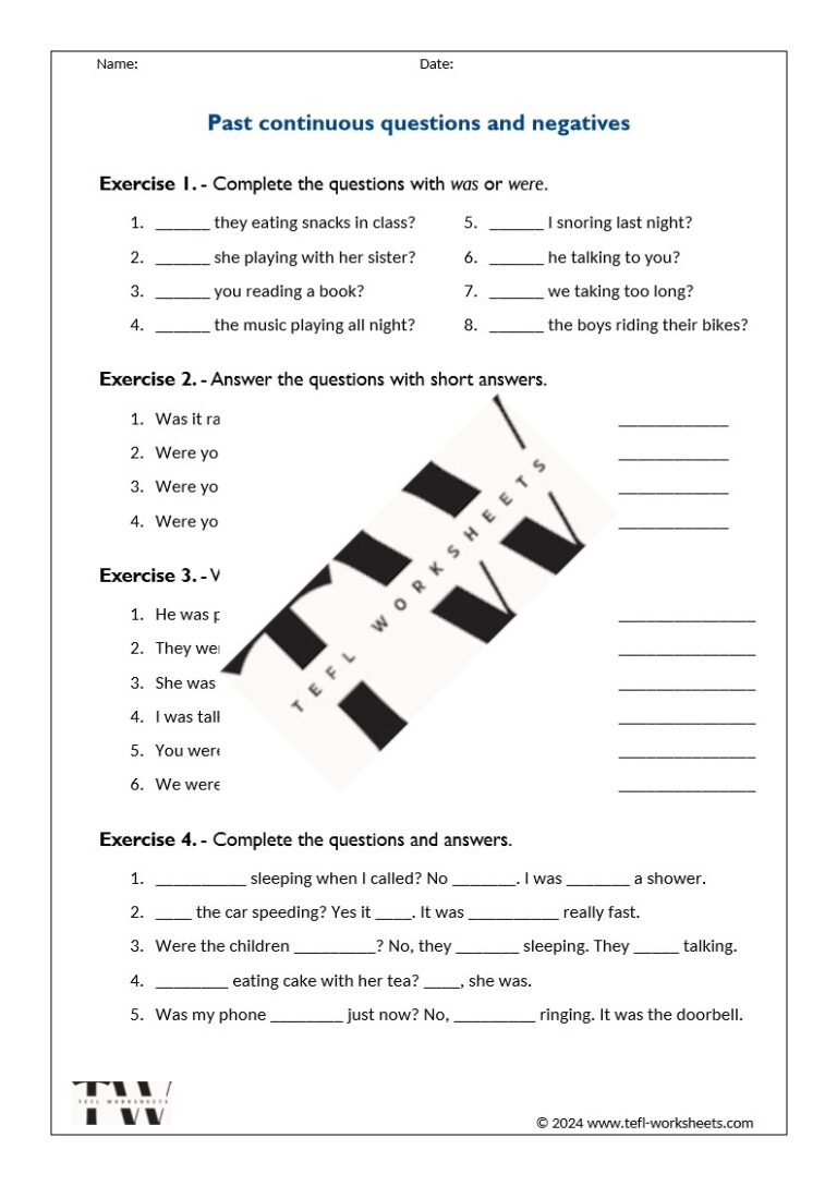 past continuous (questions and negatives) - tefl-worksheets.com