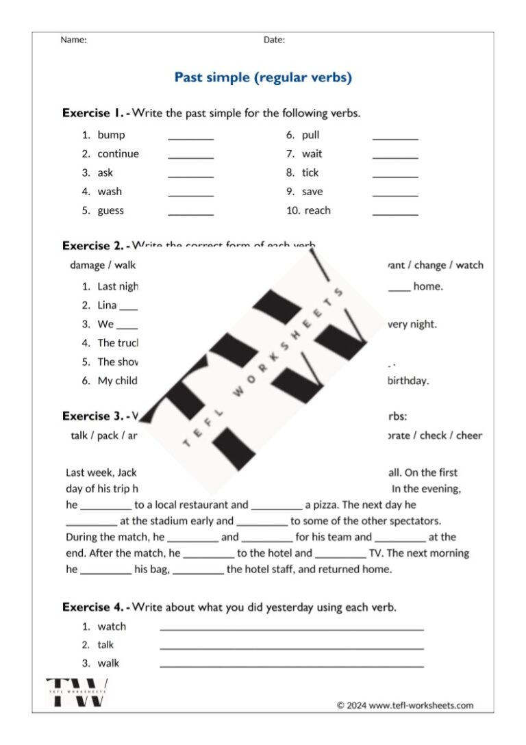 past simple (regular verbs) - tefl-worksheets.com