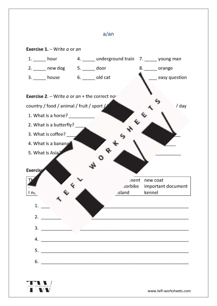 a or an - tefl-worksheets.com