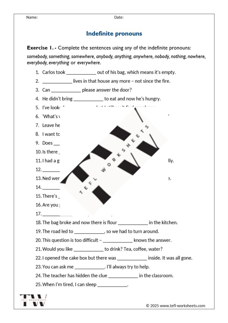 indefinite pronouns - tefl-worksheets.com