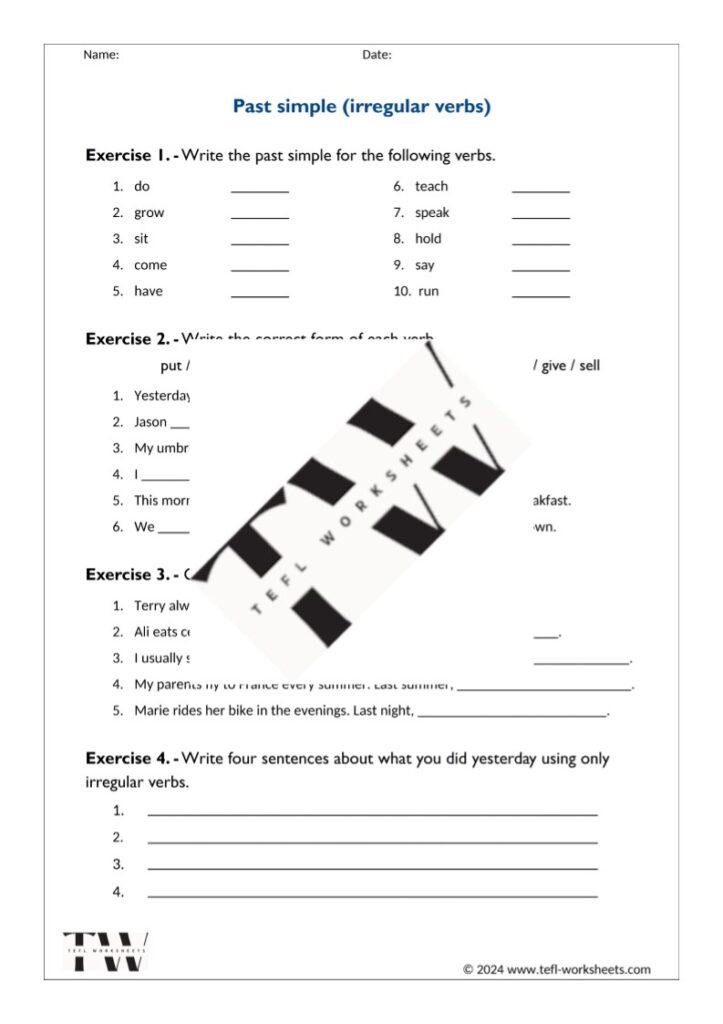 Past Simple Irregular Verbs Tefl Worksheets