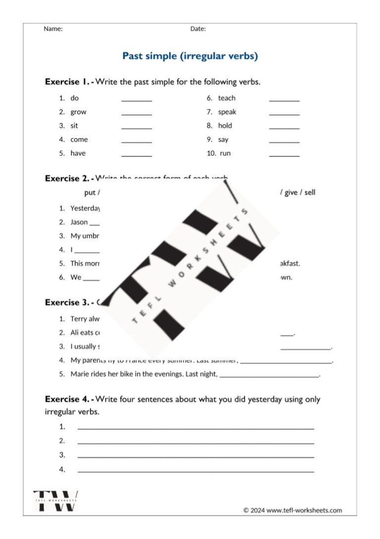 past simple (irregular verbs) - tefl-worksheets.com