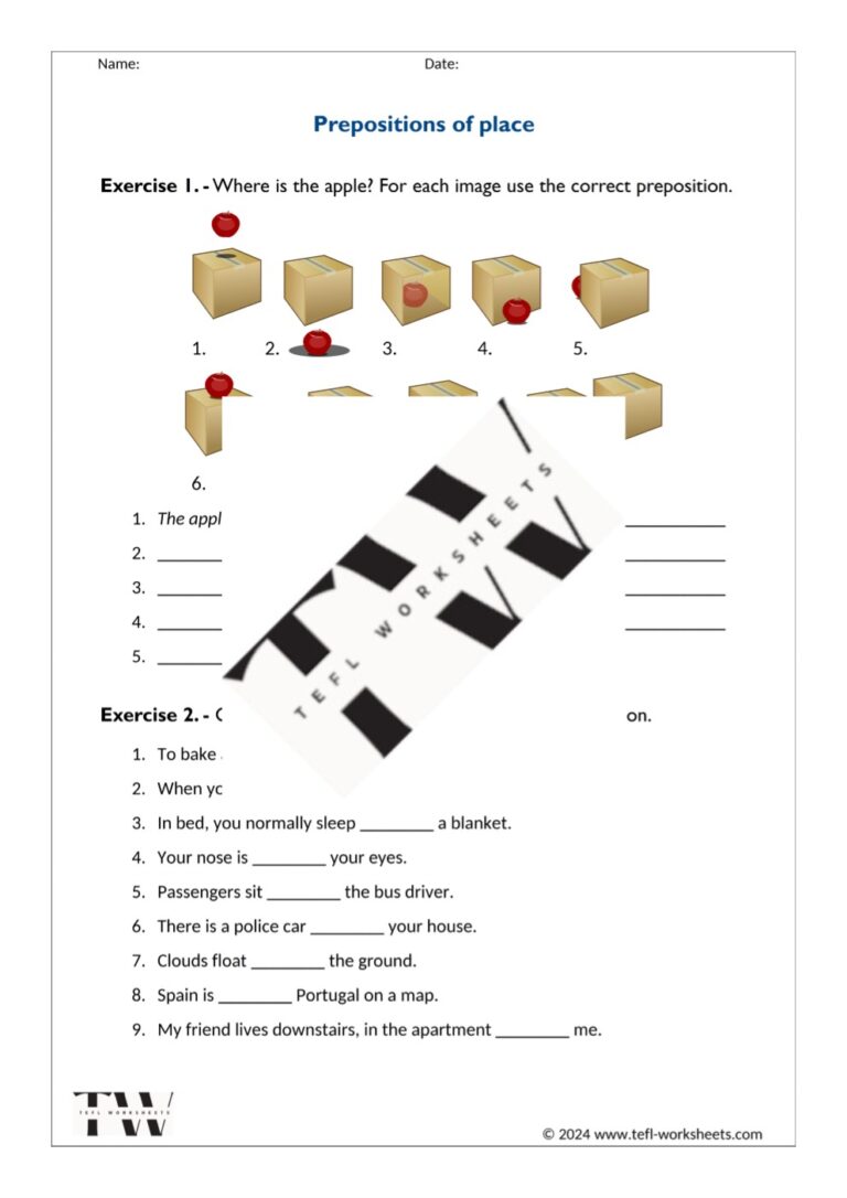 prepositions of place (intro) - tefl-worksheets.com