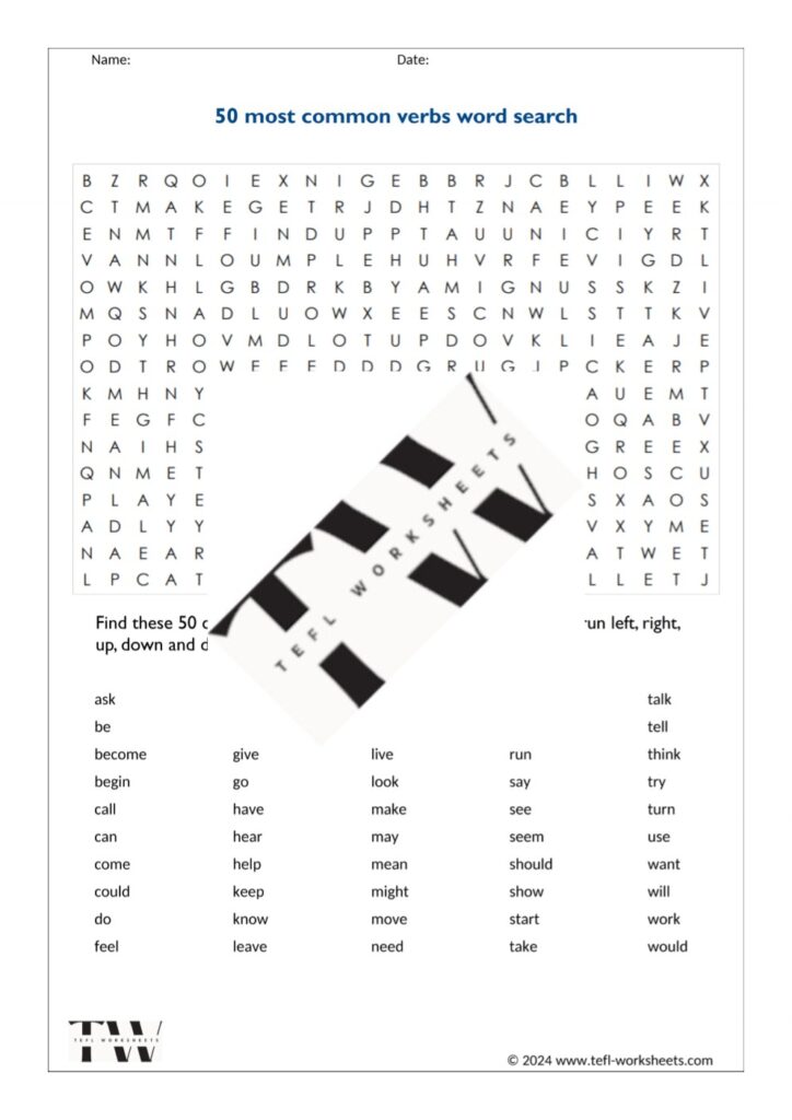 most common verbs word search - tefl-worksheets.com
