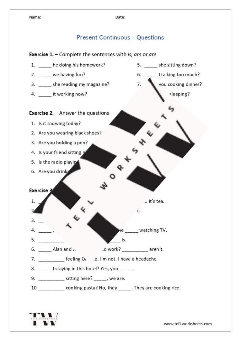 present continuous questions - tefl-worksheets.com