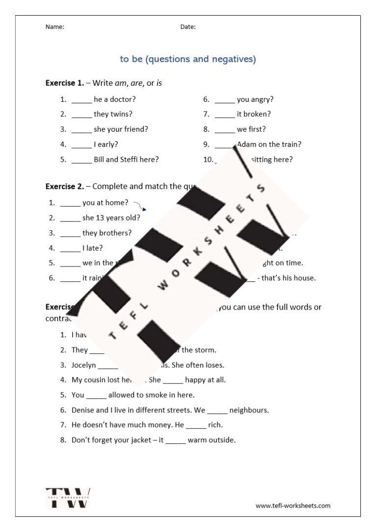 to be (questions, negatives) - tefl-worksheets.com