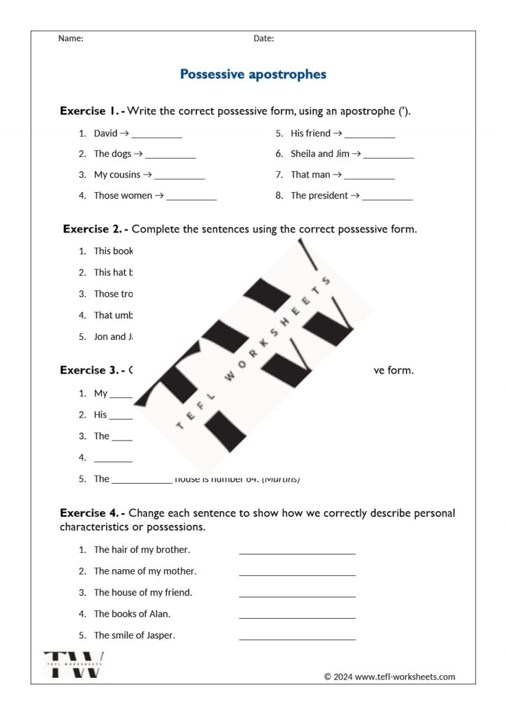 possessive apostrophes - tefl-worksheets.com
