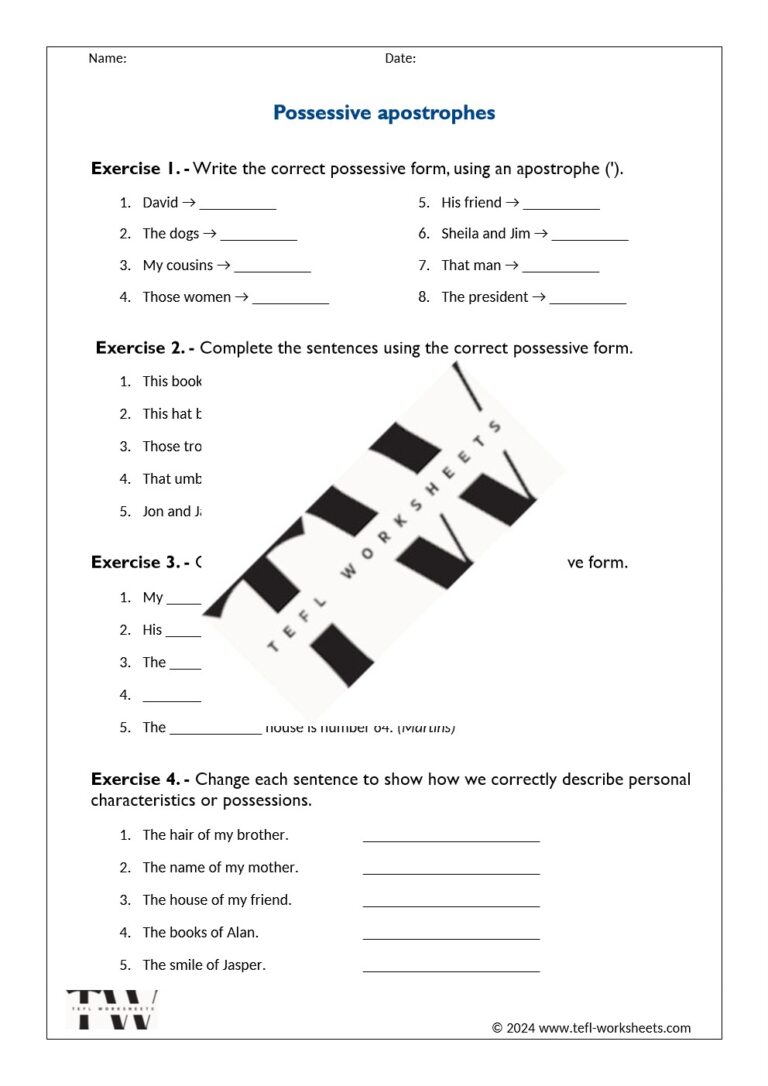 possessive apostrophes - tefl-worksheets.com