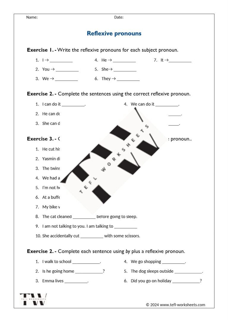 reflexive pronouns - tefl-worksheets.com