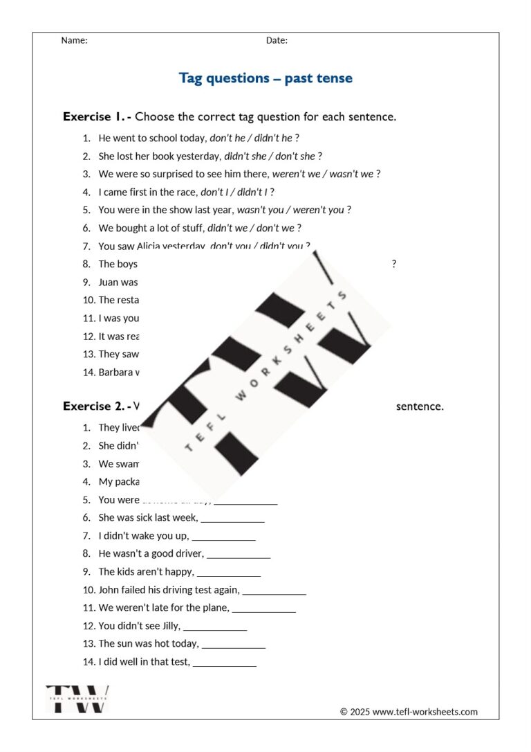 tag questions – past tense - tefl-worksheets.com